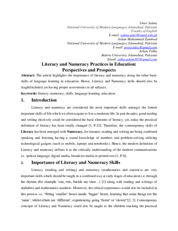 (PDF) LITERACY AND NUMERACY PRACTICES IN EDUCATION: PERSPECTIVES AND ...