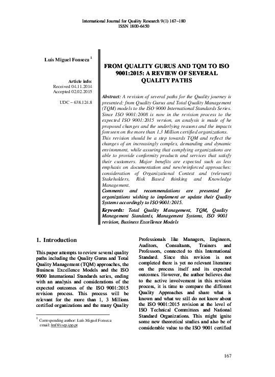 (PDF) FROM QUALITY GURUS AND TQM TO ISO 9001:2015: A REVIEW OF SEVERAL ...