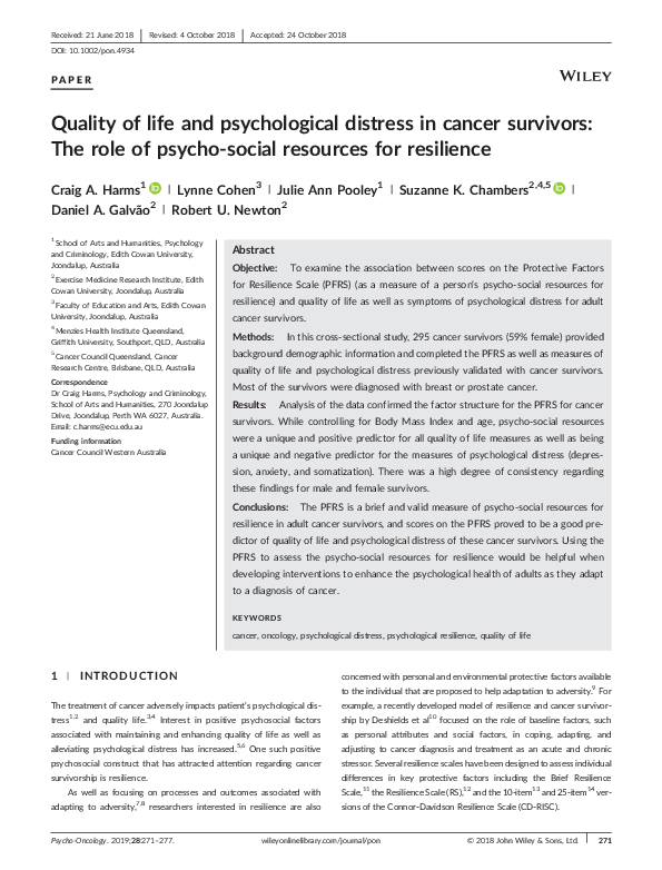 (PDF) Quality of life and psychological distress in cancer survivors ...