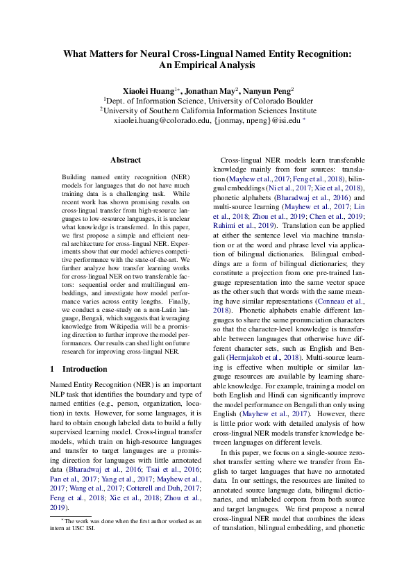 Pdf What Matters For Neural Cross Lingual Named Entity Recognition An Empirical Analysis