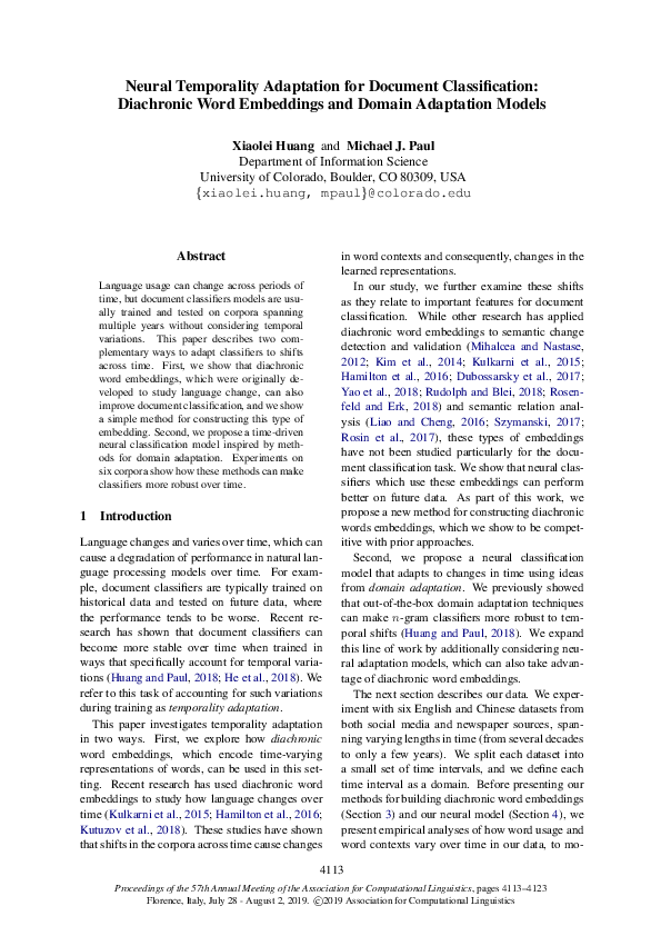 (PDF) Neural Temporality Adaptation for Document Classification: Diachronic Word Embeddings and ...
