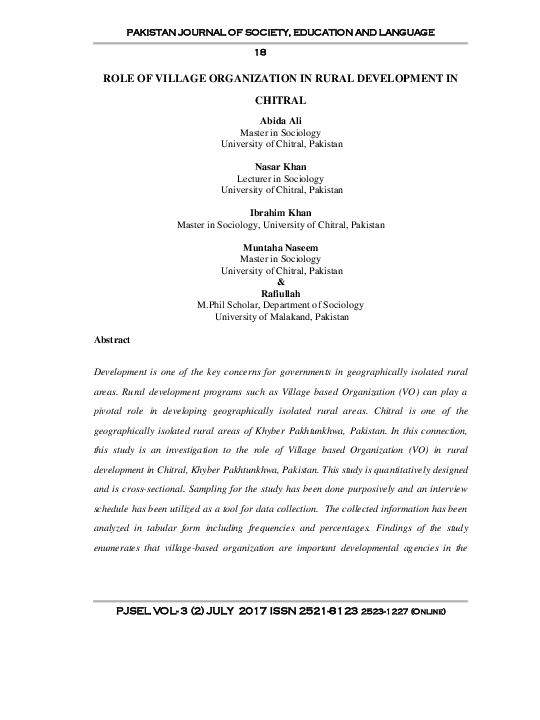 (PDF) ROLE OF VILLAGE ORGANIZATION IN RURAL DEVELOPMENT IN CHITRAL