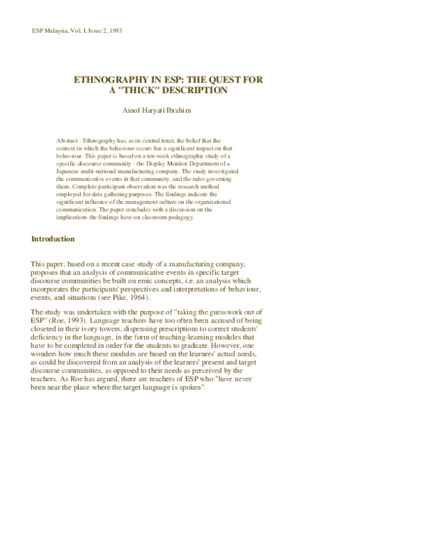 (PDF) ETHNOGRAPHY IN ESP: THE QUEST FOR A "THICK" DESCRIPTION