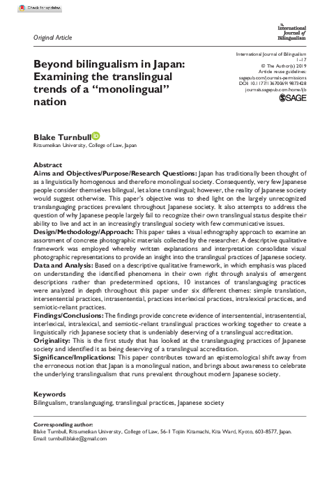 (PDF) Beyond bilingualism in Japan: Examining the translingual trends of a “monolingual” nation