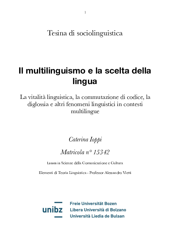 (PDF) Il multilinguismo e la scelta della lingua: La vitalità linguistica, la commutazione di ...