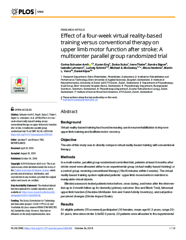 (PDF) Effect of a four-week virtual reality-based training versus conventional therapy on upper ...