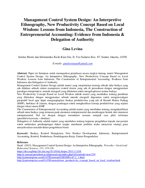 (DOC) Management Control System Design: An Interpretive Ethnography