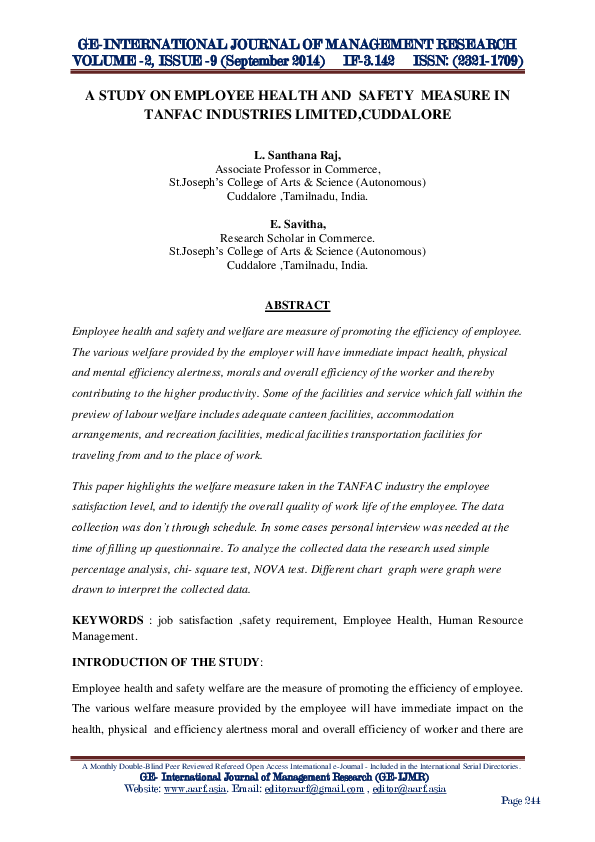 (PDF) A STUDY ON EMPLOYEE HEALTH AND SAFETY MEASURE IN TANFAC ...