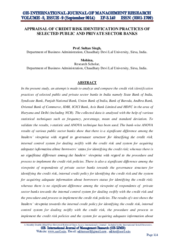 (PDF) APPRAISAL OF CREDIT RISK IDENTIFICATION PRACTICES OF SELECTED PUBLIC AND PRIVATE SECTOR BANKS