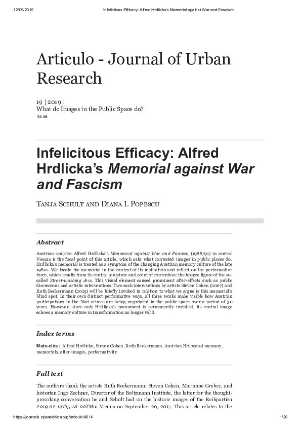 (PDF) Infelicitous Efficacy: Alfred Hrdlicka’s Memorial against War and ...