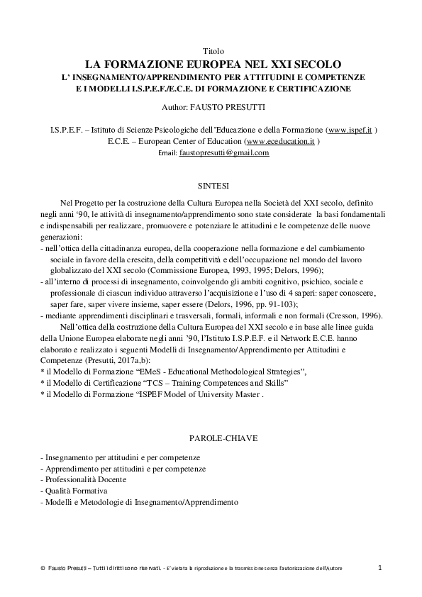 (PDF) LA FORMAZIONE EUROPEA NEL XXI SECOLO L' INSEGNAMENTO ...