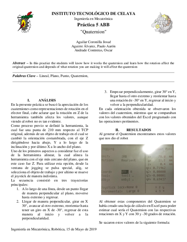 (PDF) INSTITUTO TECNOLÓGICO DE CELAYA Práctica 5 ABB "Quaternion"