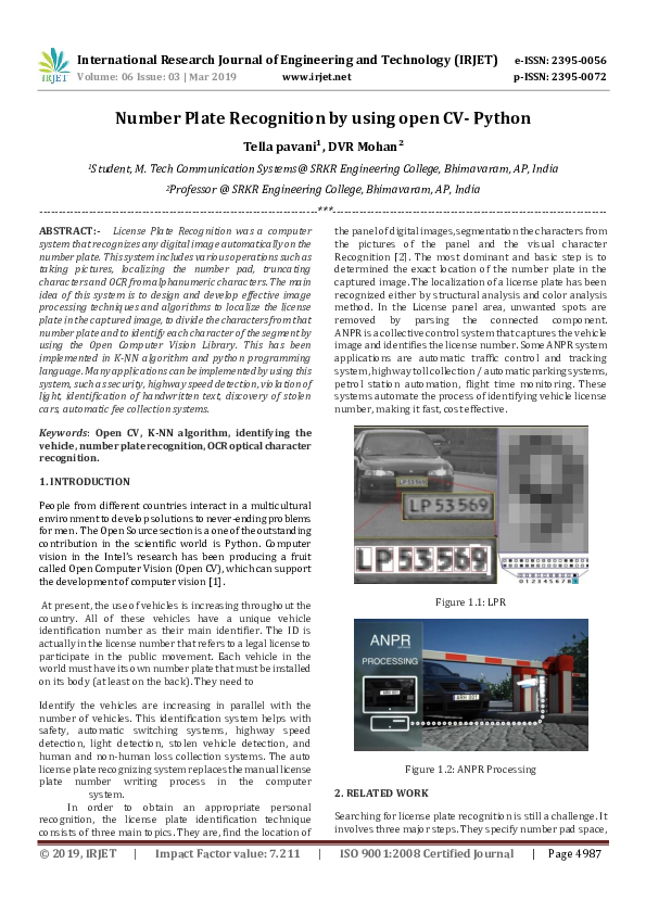 Pdf Irjet Number Plate Recognition By Using Open Cv Python