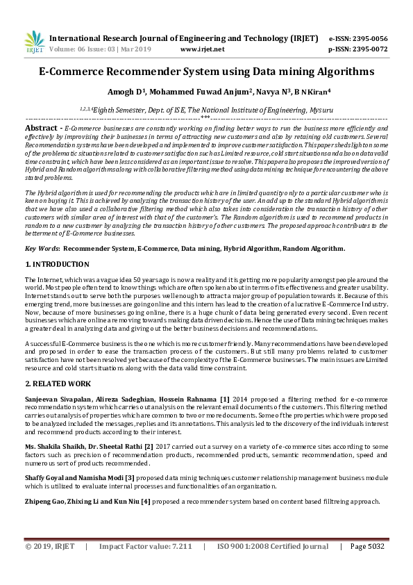 (PDF) IRJET- E-Commerce Recommender System using Data mining Algorithms ... (PDF) IRJET- E-Commerce Recommender System using Data mining Algorithms ...
