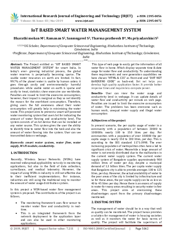 (PDF) IRJET- IoT BASED SMART WATER MANANGEMENT SYSTEM