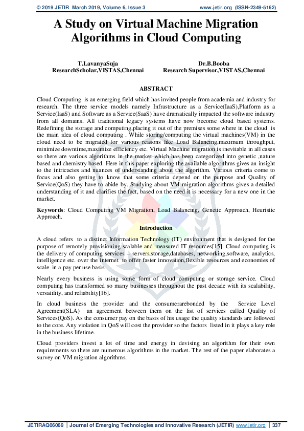 (PDF) A Study on Virtual Machine Migration Algorithms in Cloud Computing