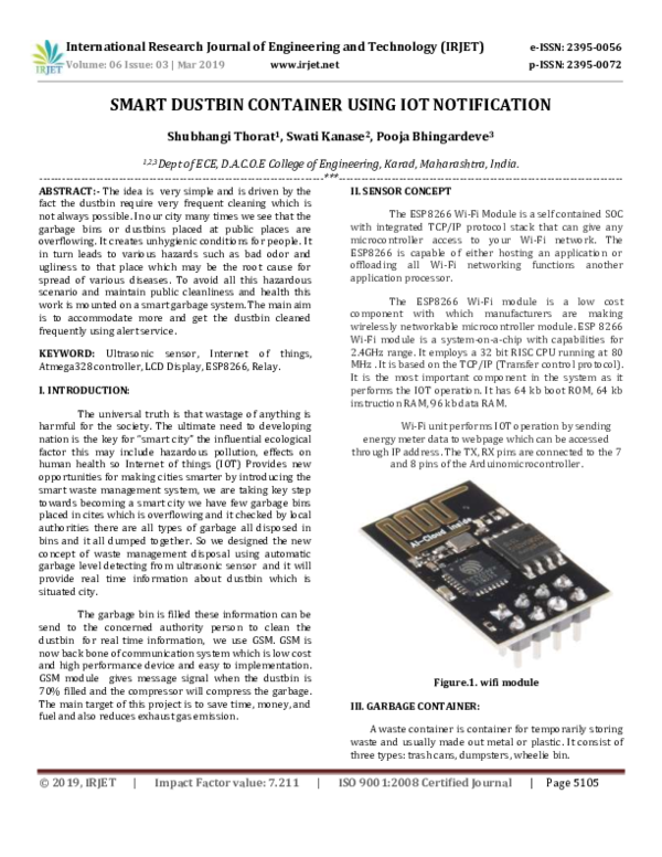 (PDF) IRJET- SMART DUSTBIN CONTAINER USING IOT NOTIFICATION