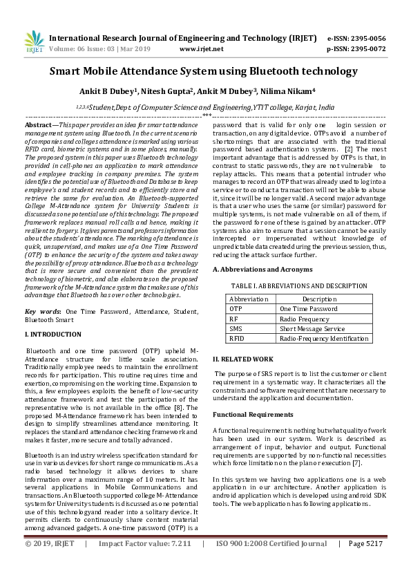 (PDF) IRJET-Smart Mobile Attendance System using Bluetooth Technology