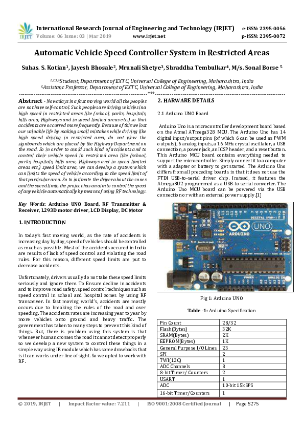 Pdf Irjet Automatic Vehicle Speed Controller System In Restricted Areas