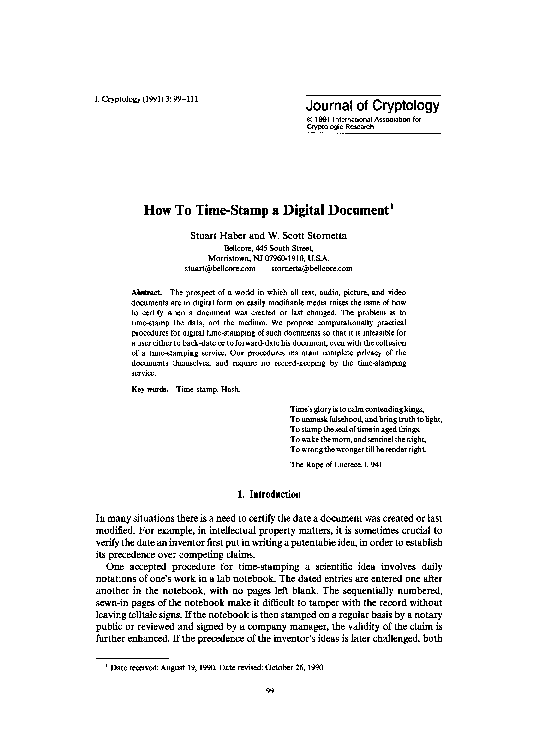 (PDF) How To Time-Stamp a Digital Document I