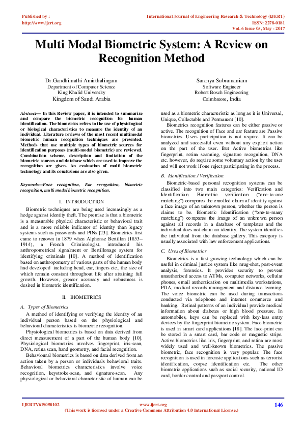 (PDF) IJERT-Multi Modal Biometric System: A Review on Recognition Method