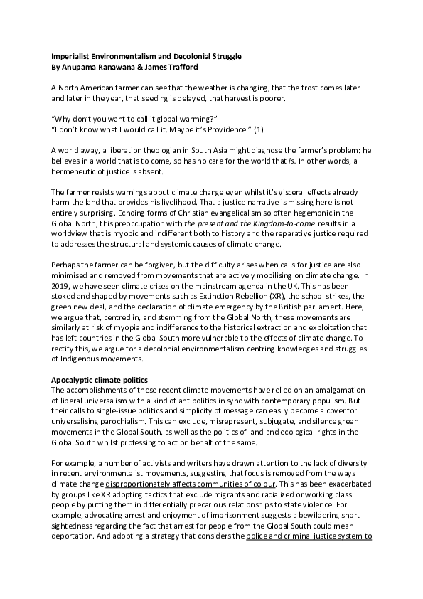 (DOC) Imperialist Environmentalism and Decolonial Struggle