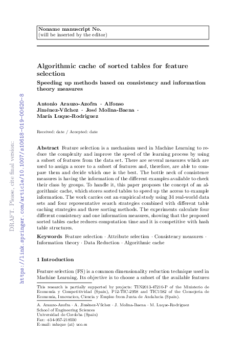 (PDF) Algorithmic cache of sorted tables for feature selection Speeding up methods based on ...