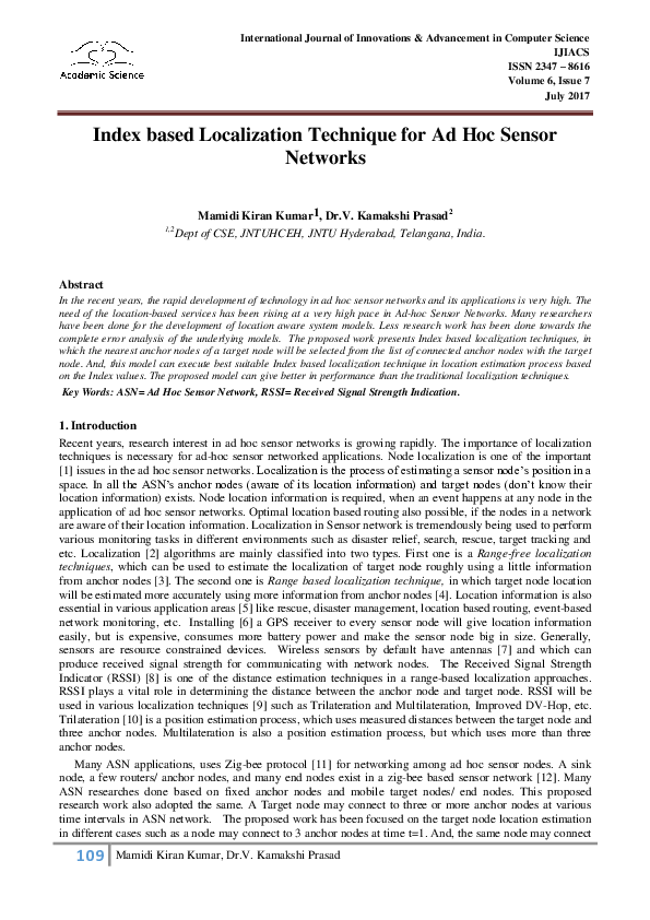 Pdf Index Based Localization Technique For Ad Hoc Sensor Networks