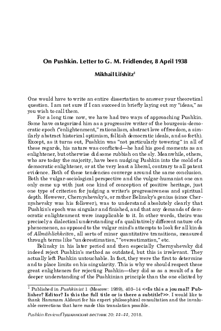 (PDF) Mikhail Lifshitz, "On Pushkin. Letter to Fridlender" (1938 ...