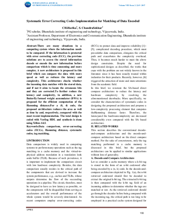 Pdf Systematic Error Correcting Codes Implementation For Matching Of Data Encoded