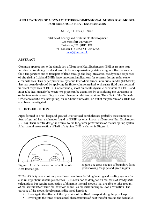 (PDF) Applications of a dynamic three-dimensional numerical model for borehole heat exchangers