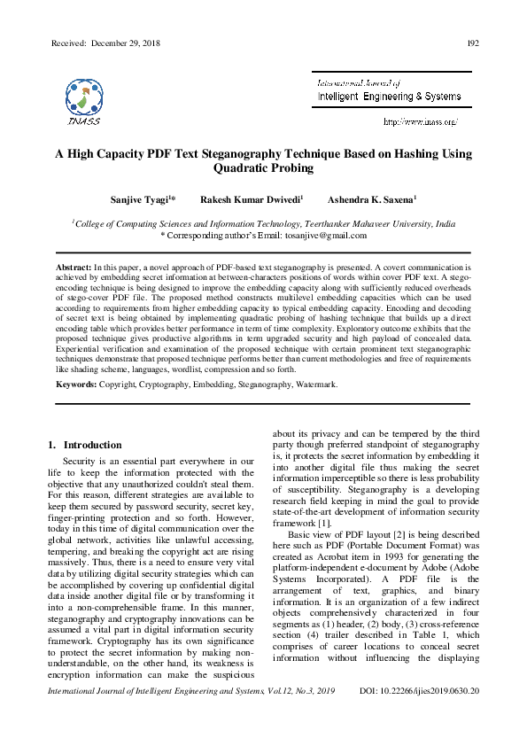 (PDF) A High Capacity PDF Text Steganography Technique Based on Hashing Using Quadratic Probing