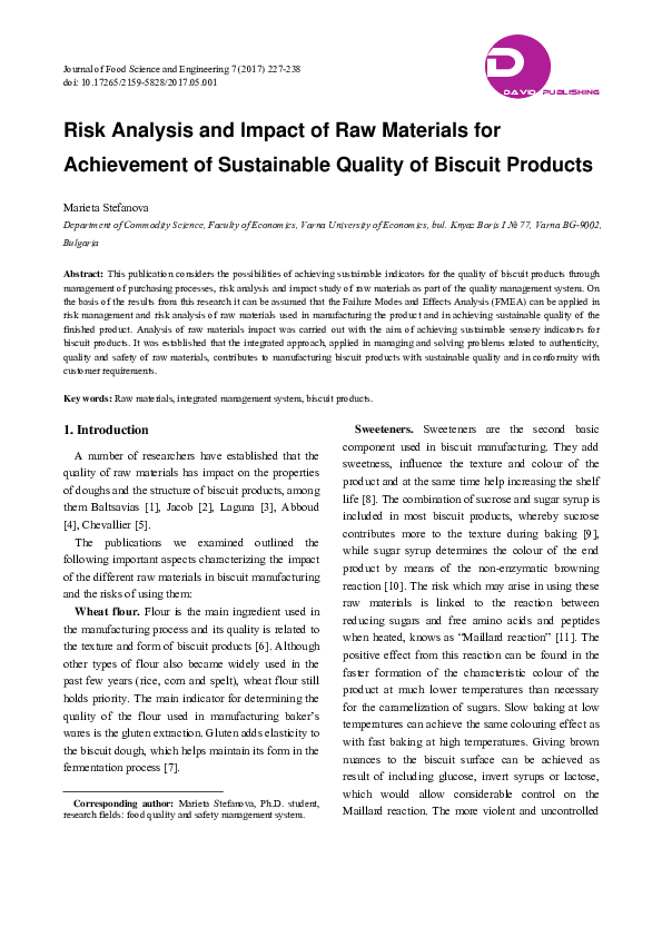 (PDF) Risk Analysis and Impact of Raw Materials for Achievement of ...