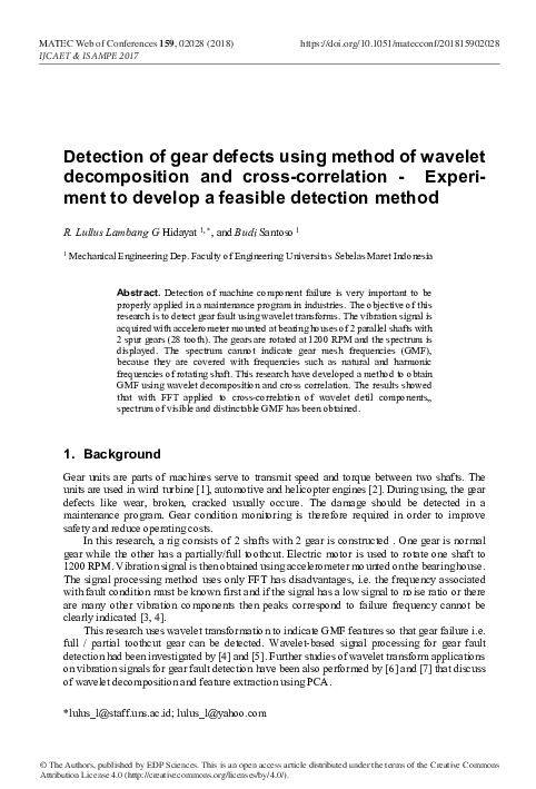 Pdf Detection Of Gear Defects Using Method Of Wavelet Decomposition And Cross Correlation