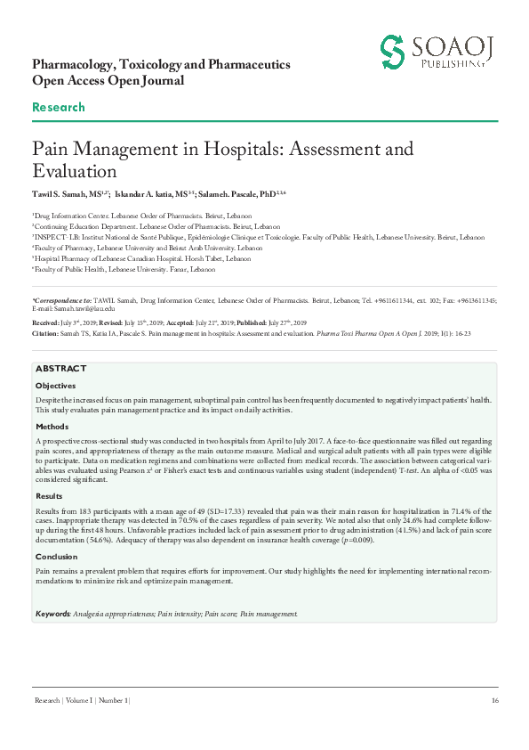 (PDF) Pain Management in Hospitals: Assessment and Evaluation