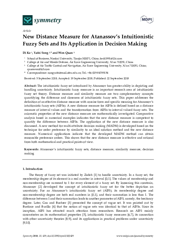 (PDF) New Distance Measure for Atanassov's Intuitionistic Fuzzy Sets and Its Application in ...