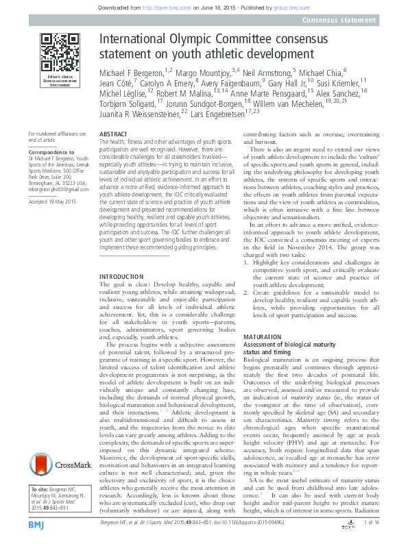(PDF) International Olympic Committee consensus statement on youth athletic development