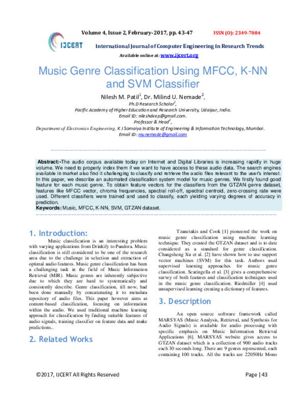 (PDF) Music Genre Classification Using MFCC, K-NN and SVM Classifier