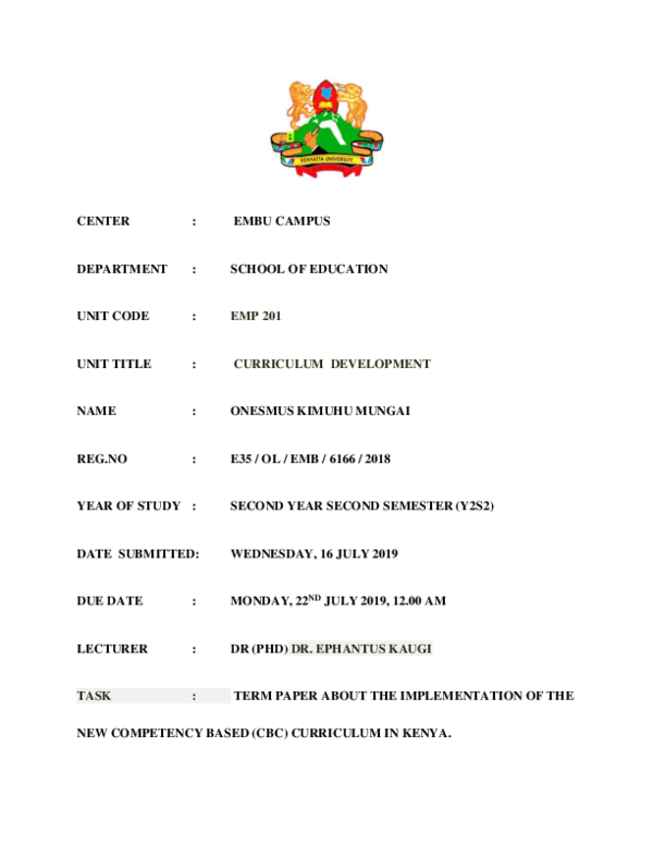 (DOC) CENTER : EMBU CAMPUS DEPARTMENT : SCHOOL OF EDUCATION UNIT CODE ...