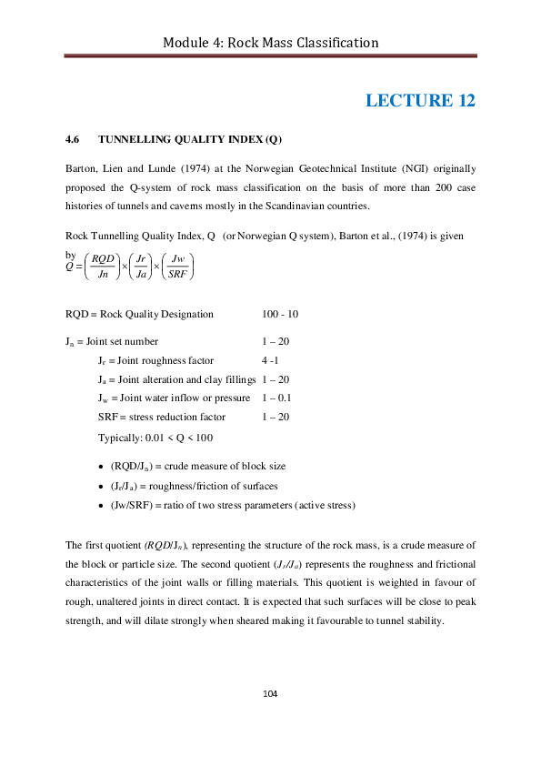 (PDF) Module 4: Rock Mass Classification LECTURE 12 4.6 TUNNELLING QUALITY INDEX (Q