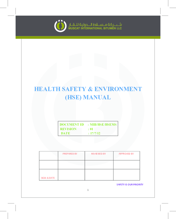 (PDF) HEALTH SAFETY & ENVIRONMENT (HSE) MANUAL DOCUMENT ID : MIB/HSE ...