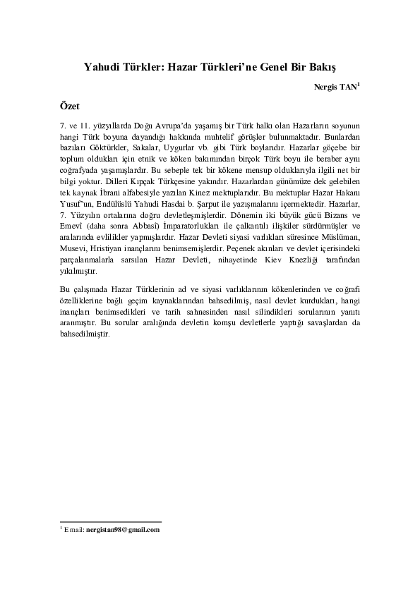 (PDF) Yahudi Türkler: Hazar Türklerine Genel Bir Bakış
