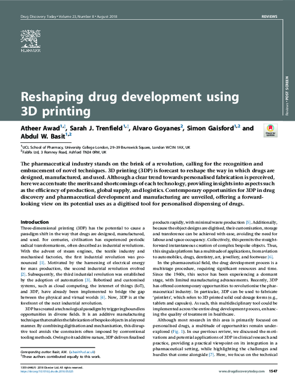 (PDF) Reshaping drug development using 3D printing