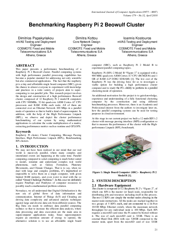 (PDF) Benchmarking Raspberry Pi 2 Beowulf Cluster