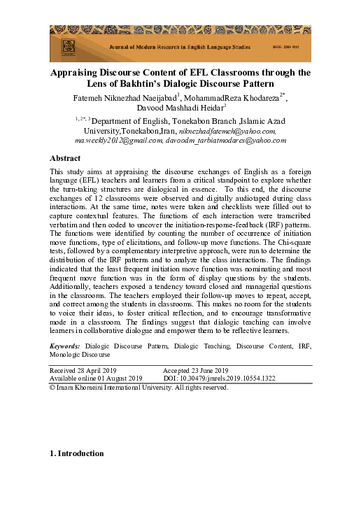 (PDF) Appraising Discourse Content of EFL Classrooms through the Lens ...