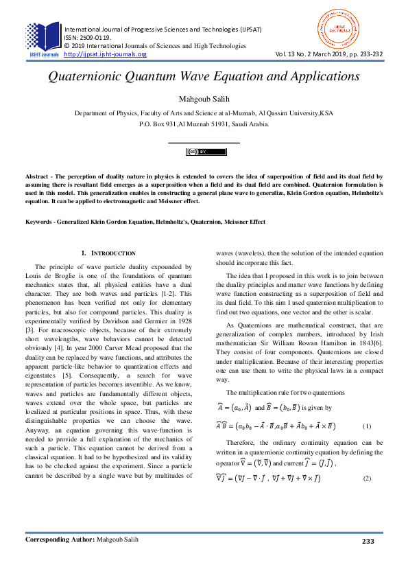 (PDF) Quaternionic Quantum Wave Equation and Applications