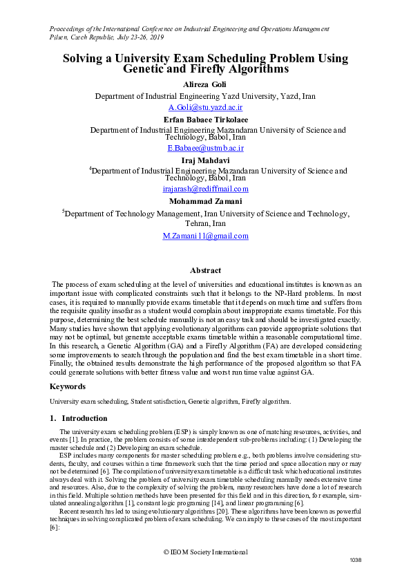 Pdf Solving A University Exam Scheduling Problem Using Genetic And Firefly Algorithms