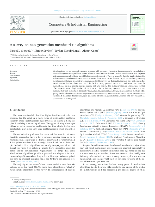 (PDF) A survey on new generation metaheuristic algorithms