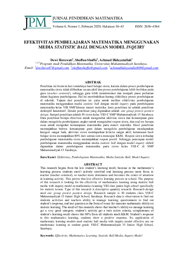 (PDF) EFEKTIVITAS PEMBELAJARAN MATEMATIKA MENGGUNAKAN MEDIA STATISTIC BALL DENGAN MODEL INQUIRY