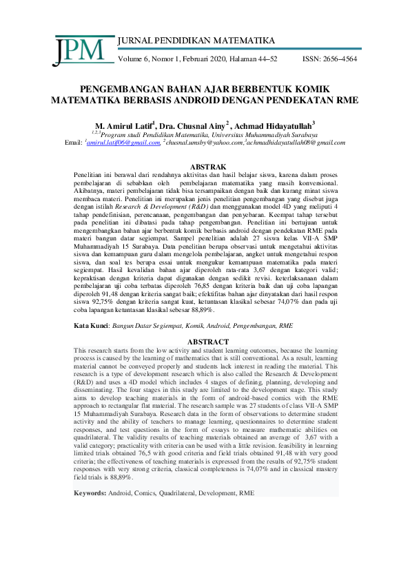 (PDF) PENGEMBANGAN BAHAN AJAR BERBENTUK KOMIK MATEMATIKA BERBASIS ANDROID DENGAN PENDEKATAN RME